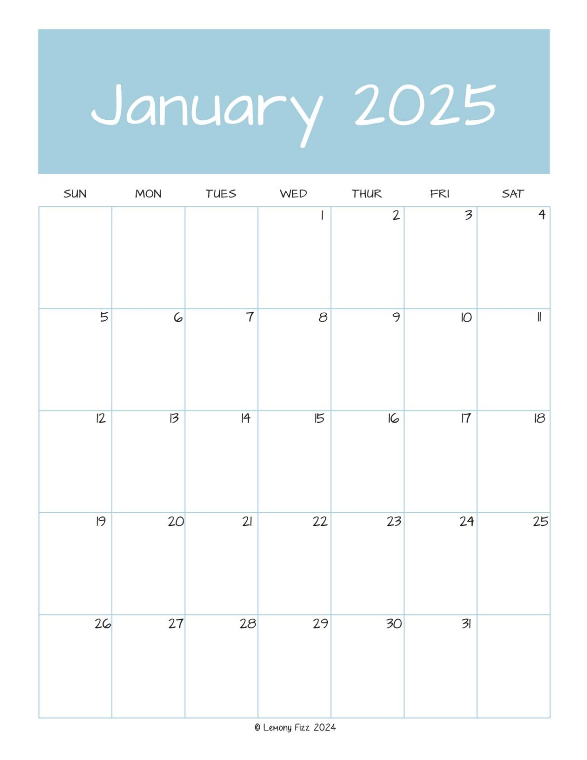 January 2025 Monthly Calendar to Print