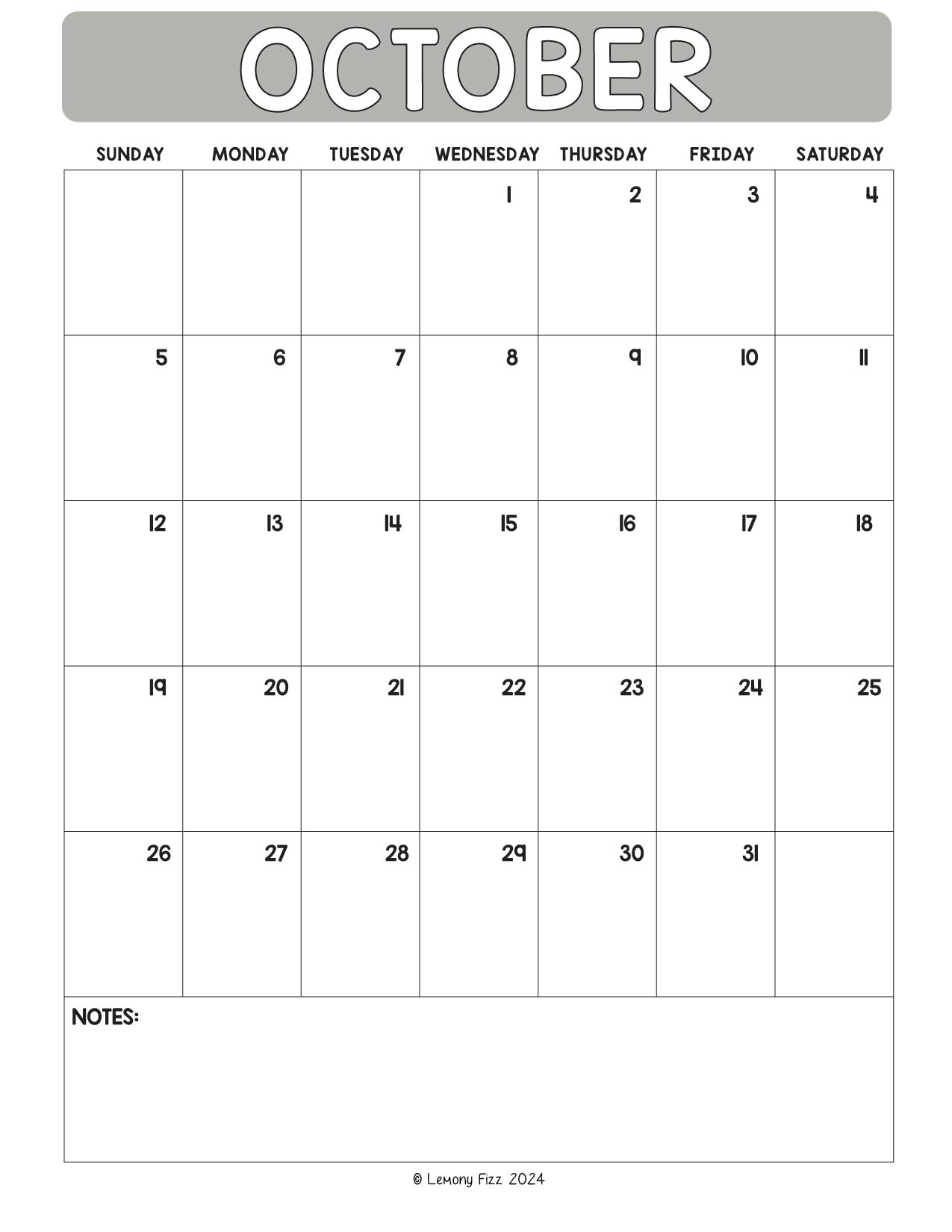 October 2025 Monthly Calendars to Print