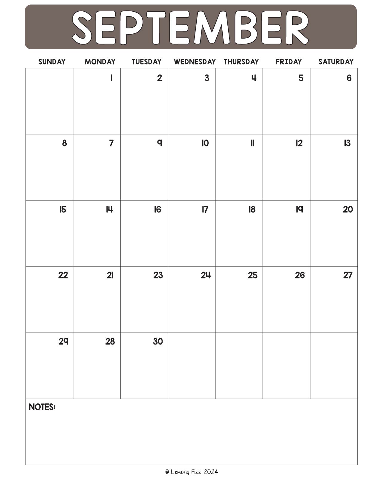 September 2025 Monthly Printable Calendar