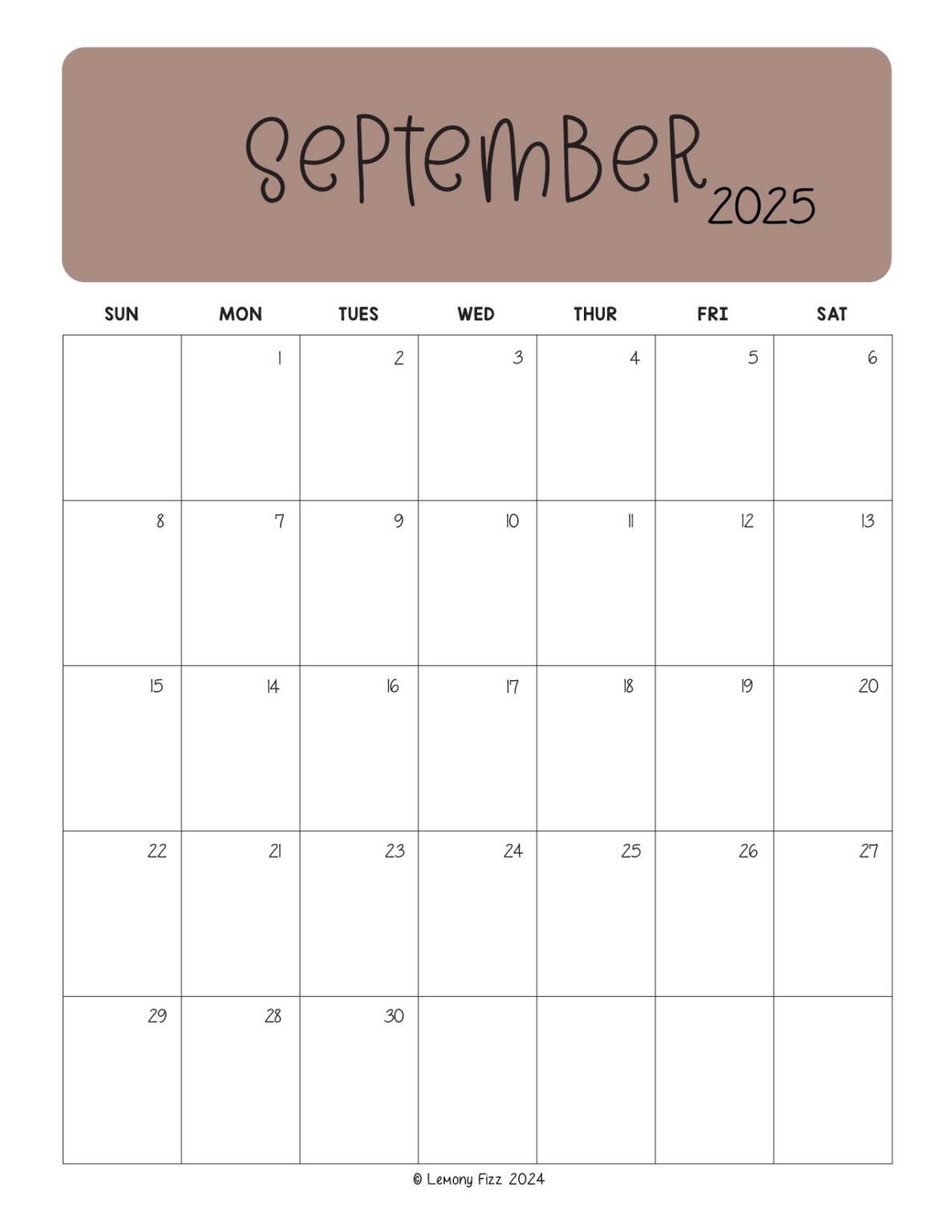 September 2025 Monthly Printable Calendar
