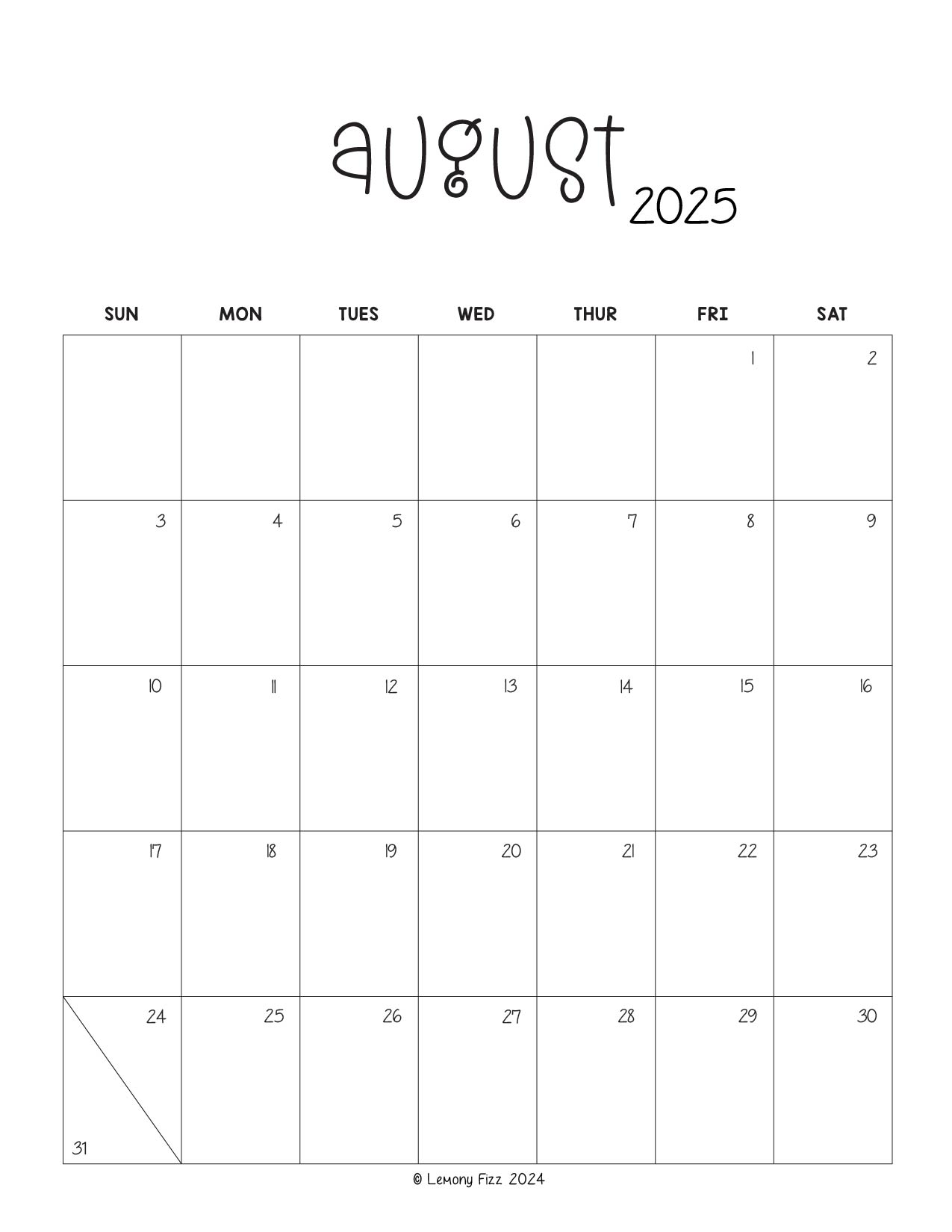 August 2025 Monthly Calendar to Print