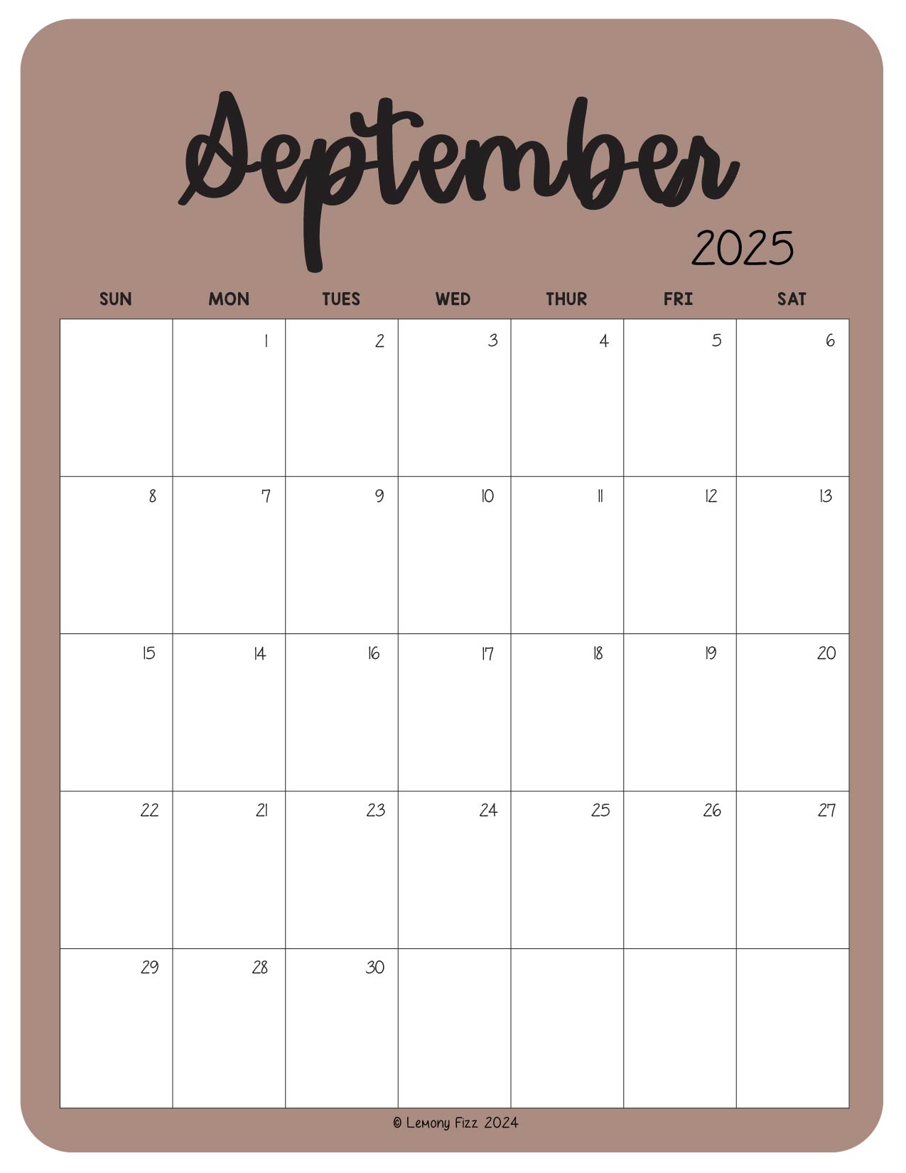 September 2025 Monthly Printable Calendar