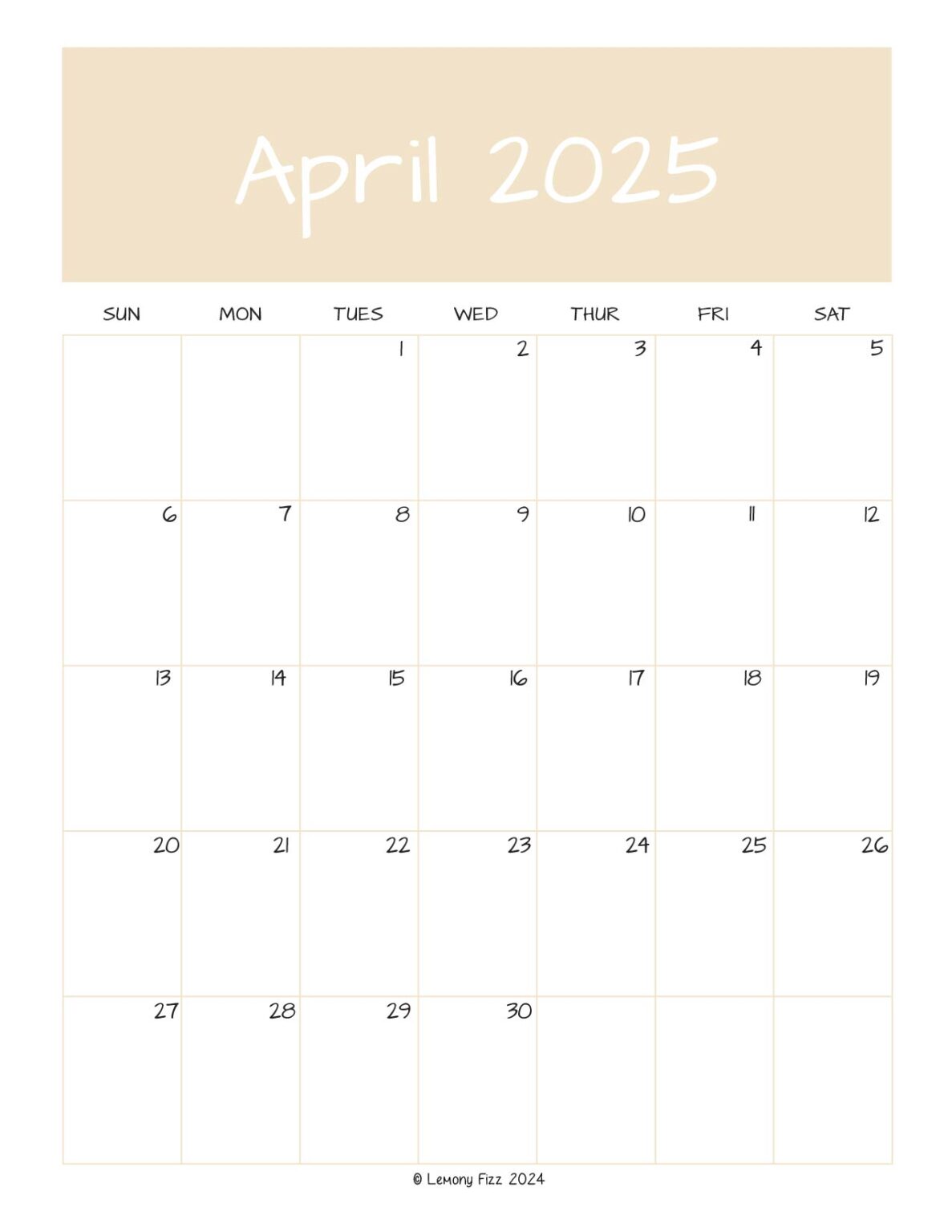 April 2025 Monthly Calendar to Print