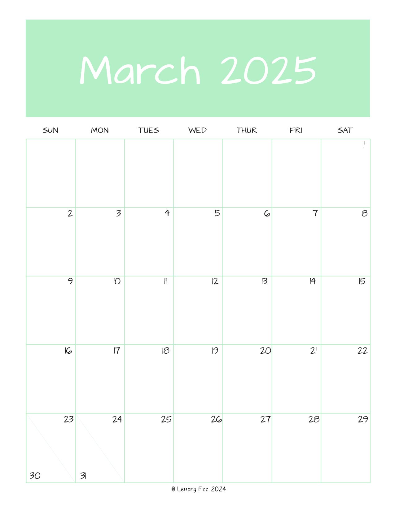 March 2025 Monthly Calendar to Print