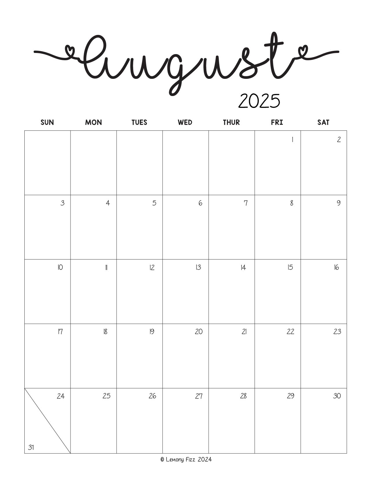 August 2025 Monthly Calendar to Print