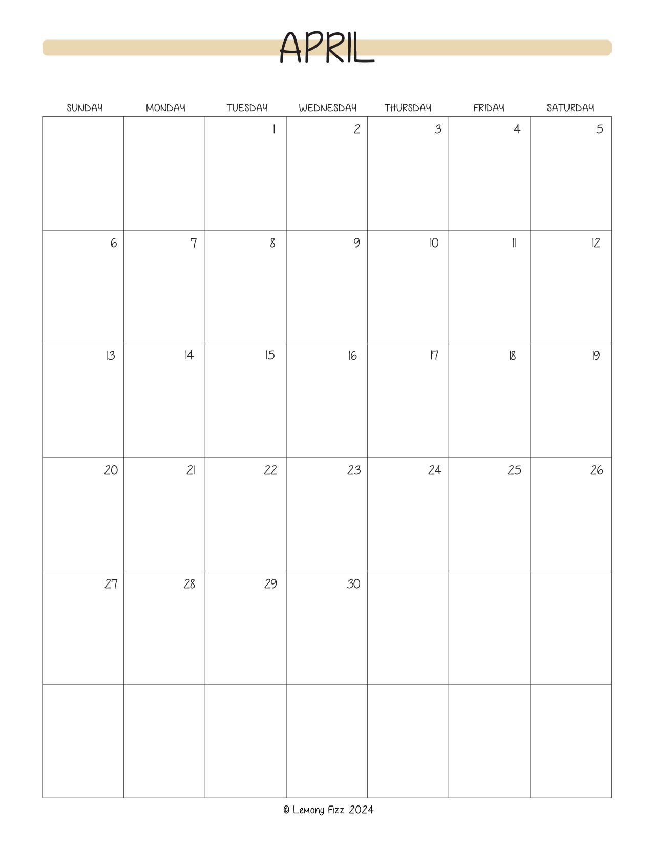 April 2025 Monthly Calendar to Print