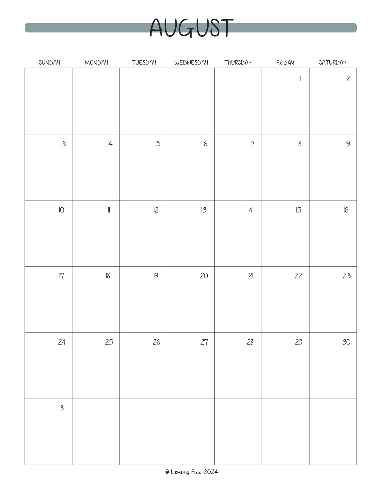 August 2025 Monthly Calendar to Print