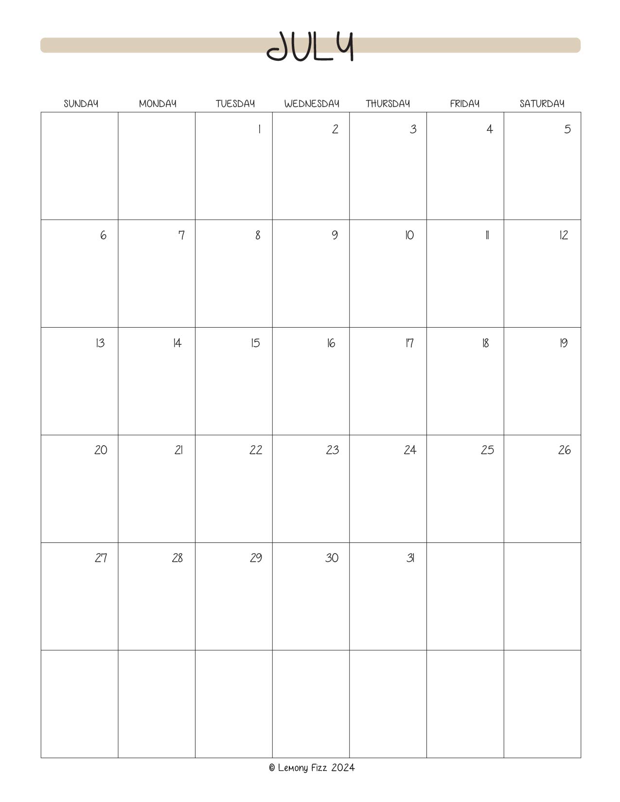 July 2025 Monthly Calendar to Print