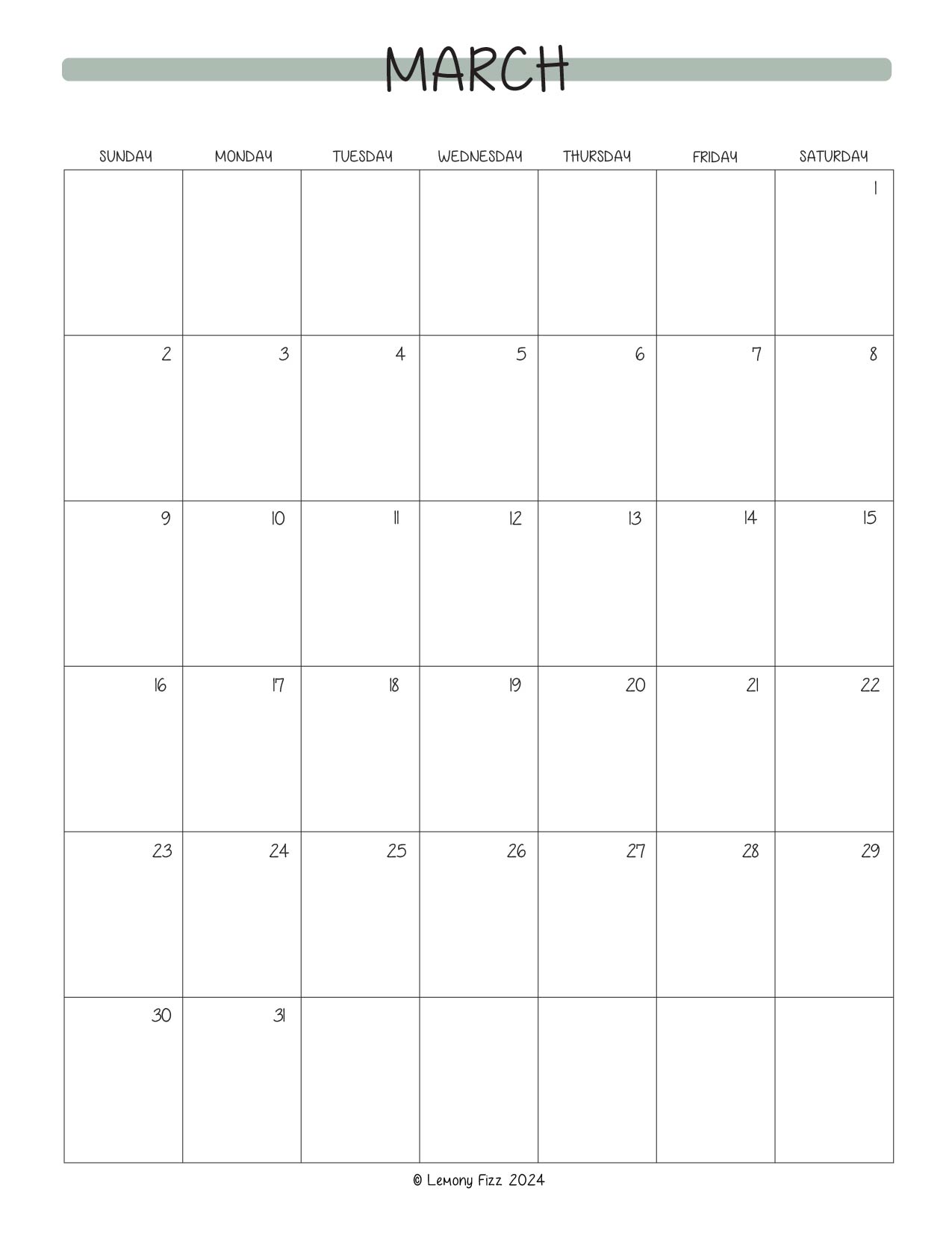 March 2025 Monthly Calendar to Print