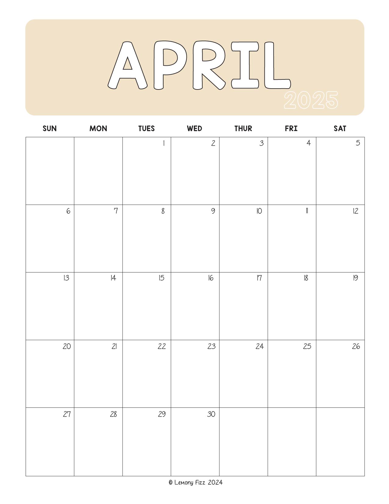 April 2025 Monthly Calendar to Print
