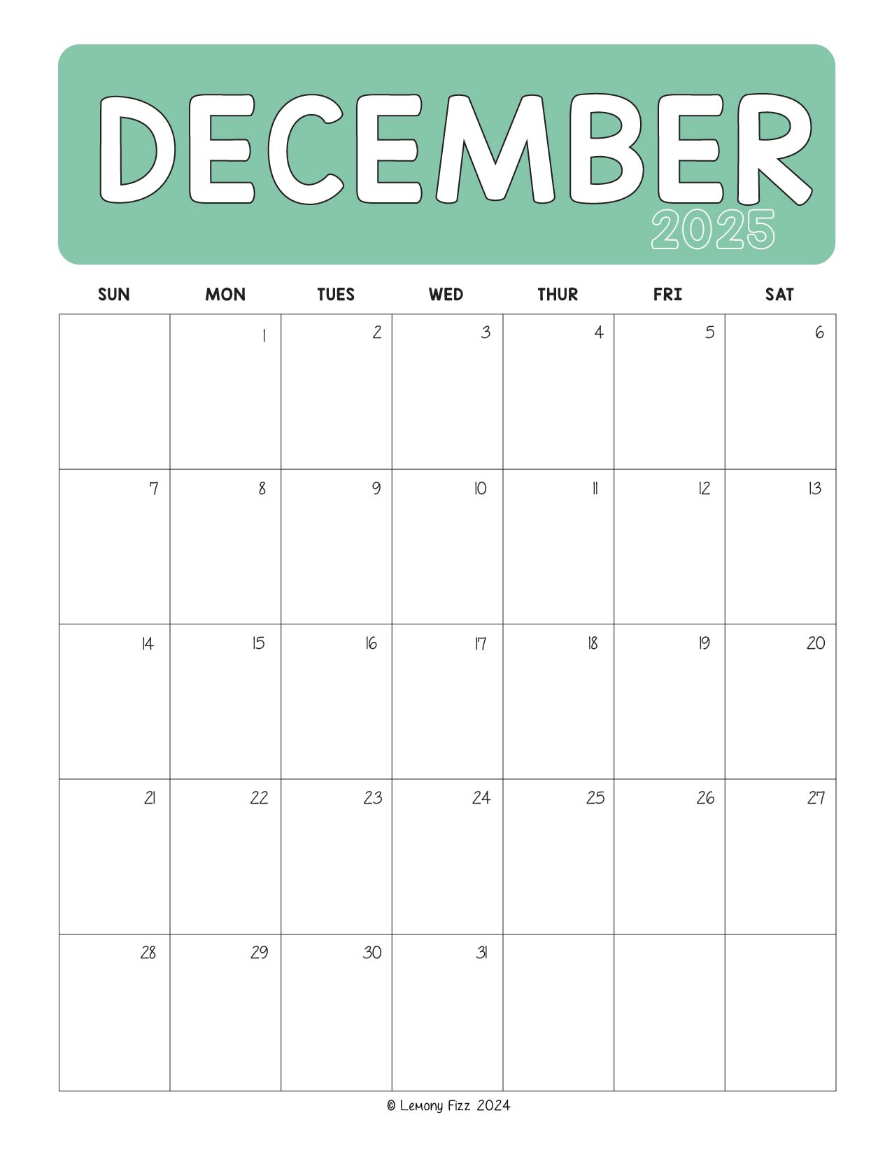 December 2025 Monthly Calendar To Print