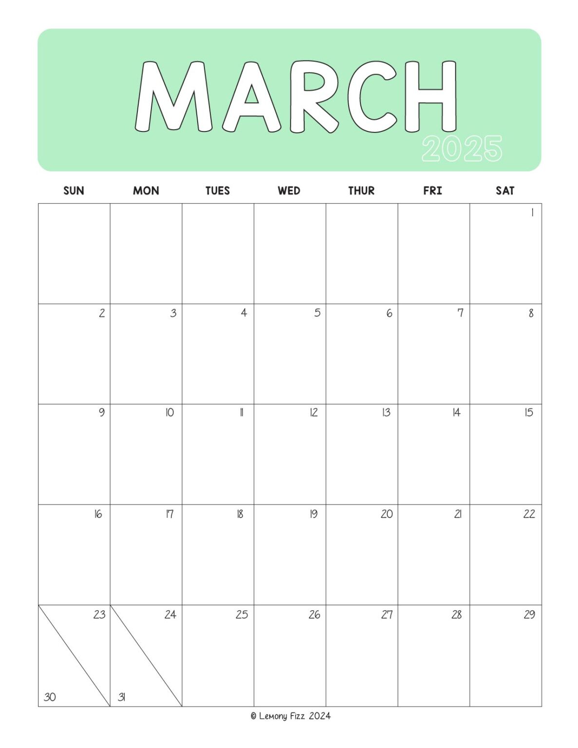 March 2025 Monthly Calendar to Print