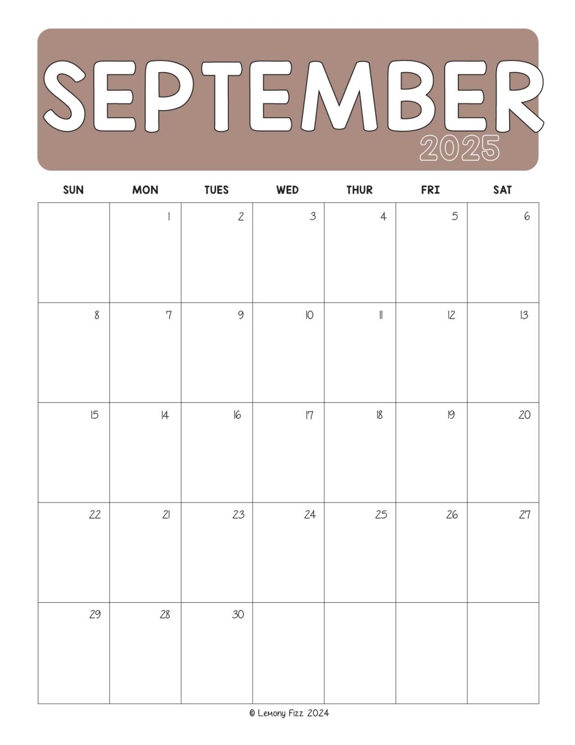September 2025 Monthly Printable Calendar